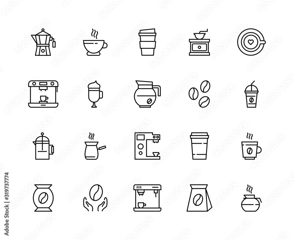 Coffee line icon set. Espresso latte cappuccino cup, beans, hot ...