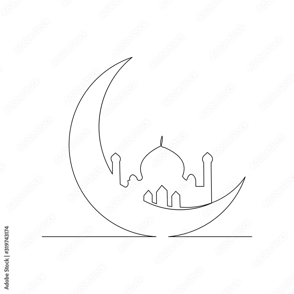 Continuous line drawing of muslim mosque and moon can use for ramadan ...