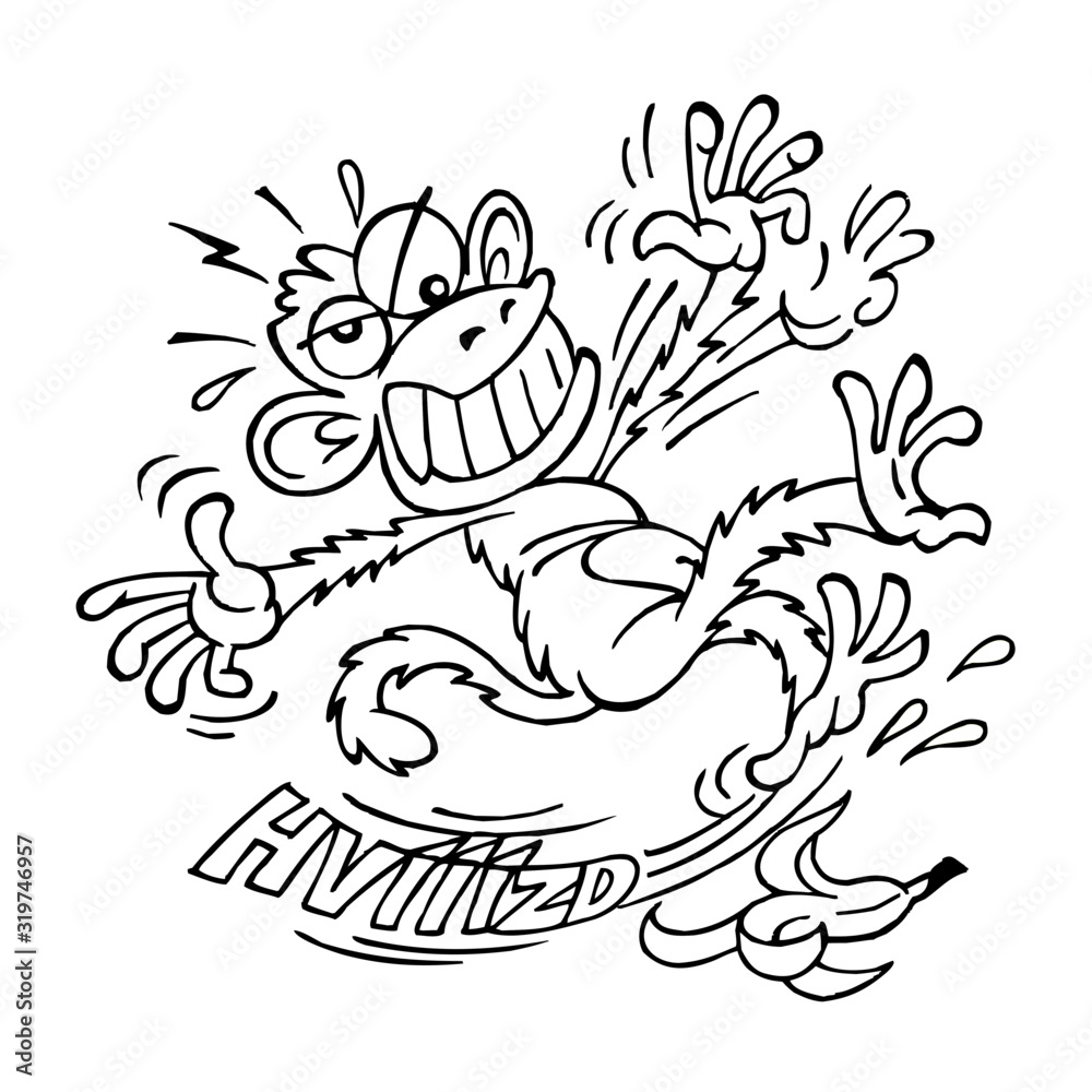 Monkey slipped on the peel of a banana and falls to the ground, black ...