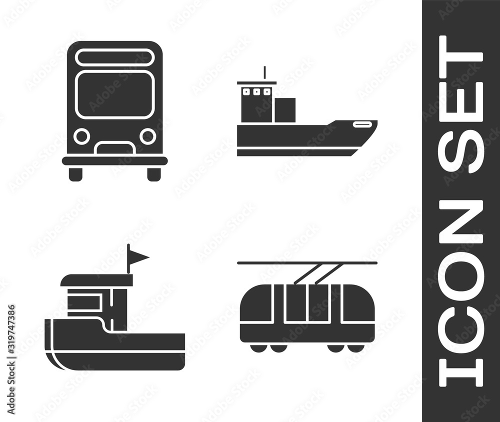 Set Tram and railway, Bus, Fishing boat and Cargo ship icon. Vector ...
