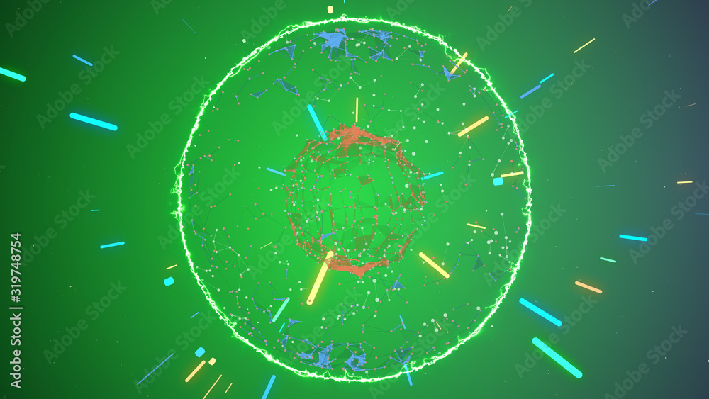 Red plexus sphere inside blue sphere with light ring around throwing ...