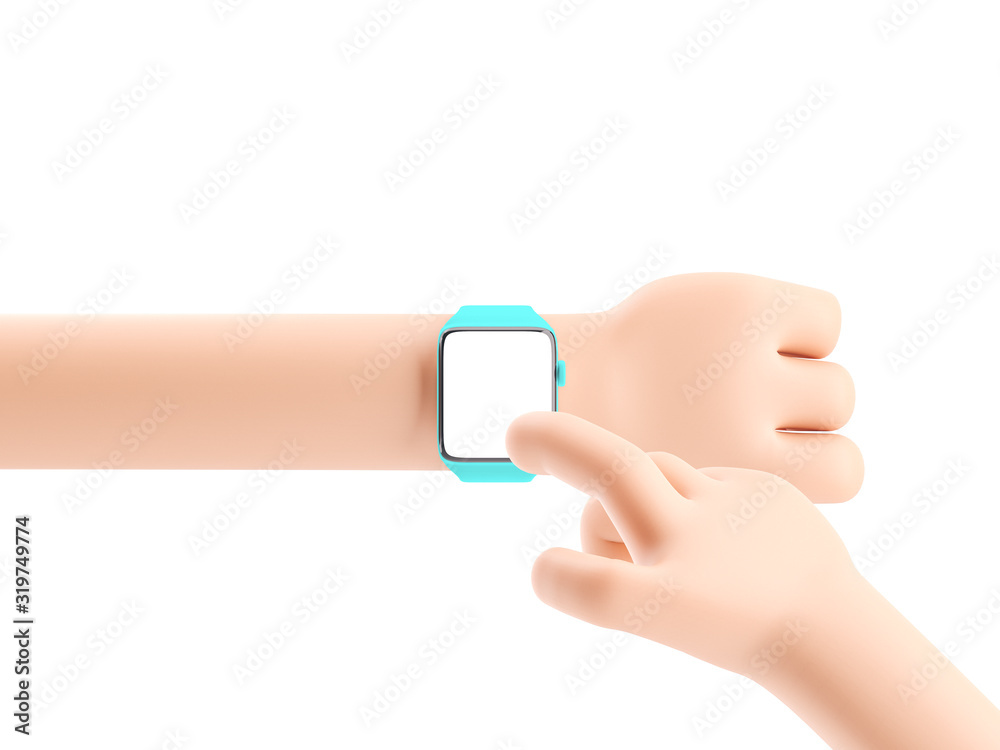 Cartoon device Mockup. Cartoon hand with smart watch on white ...