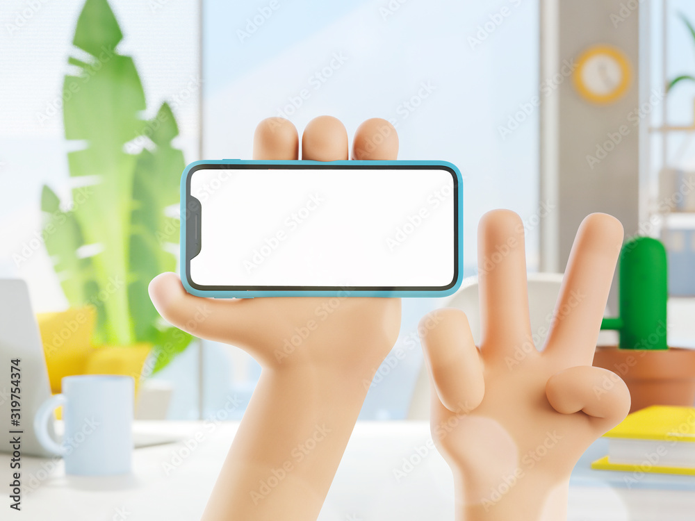 Cartoon device Mockup. Cartoon hand holding phone at his desk in the ...