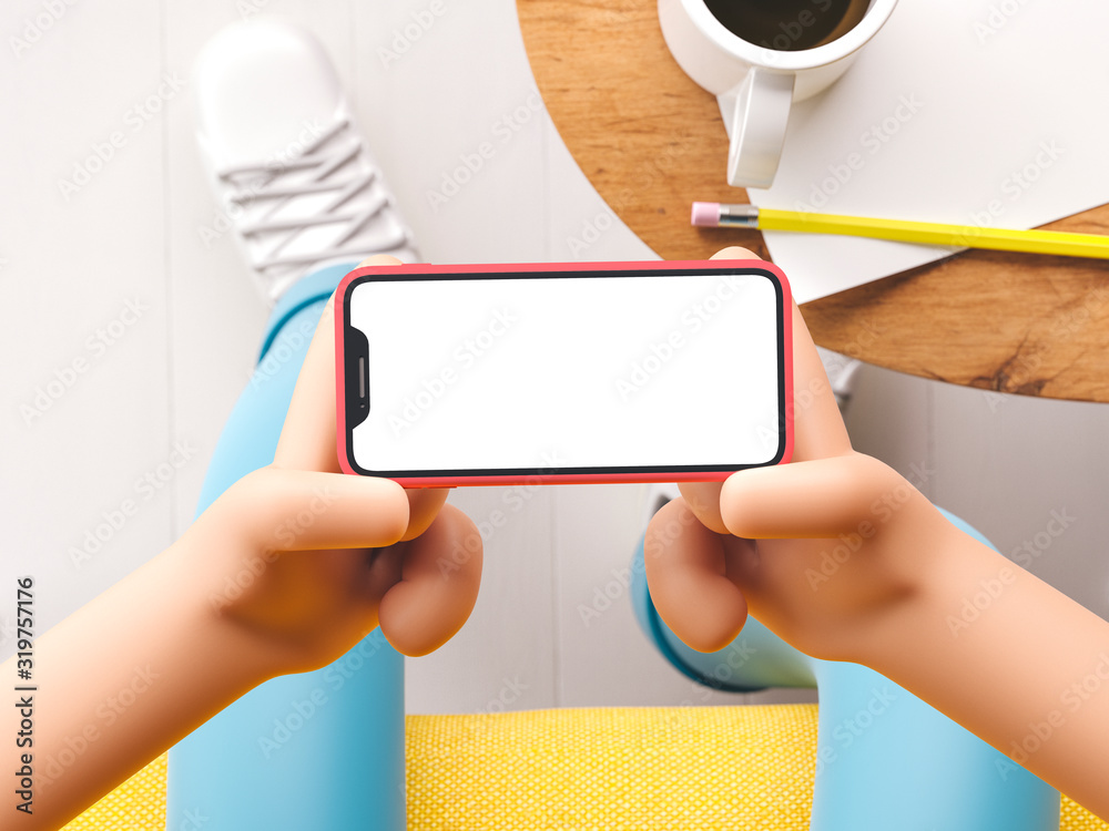 Cartoon device Mockup. Cartoon hand holding phone in the living room ...