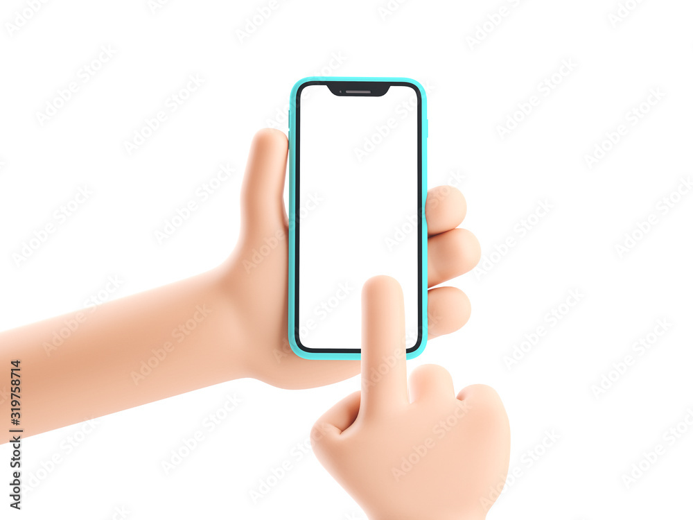 Cartoon device Mockup. Cartoon hand holding phone on white background ...