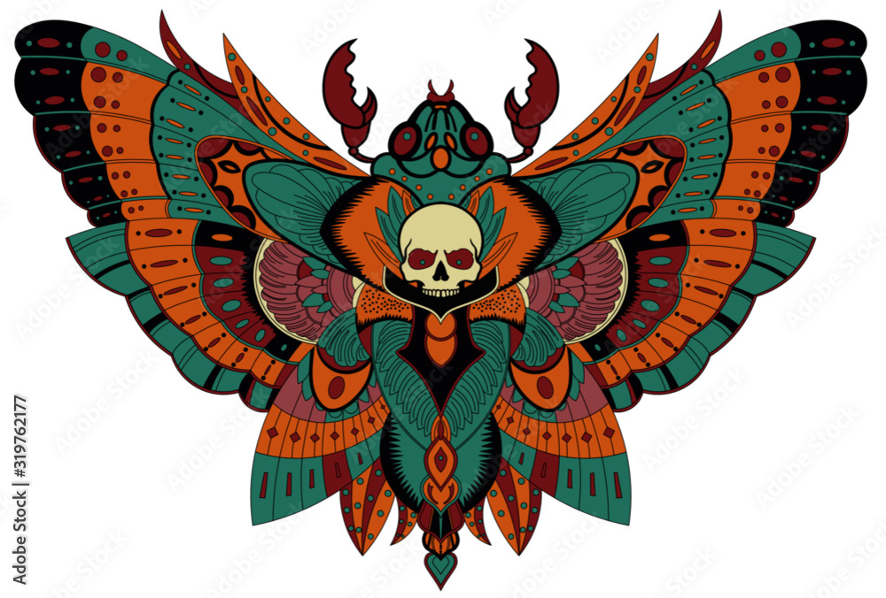 Colorful drawing of a moth in the style of steampunk. For use as a logo ...