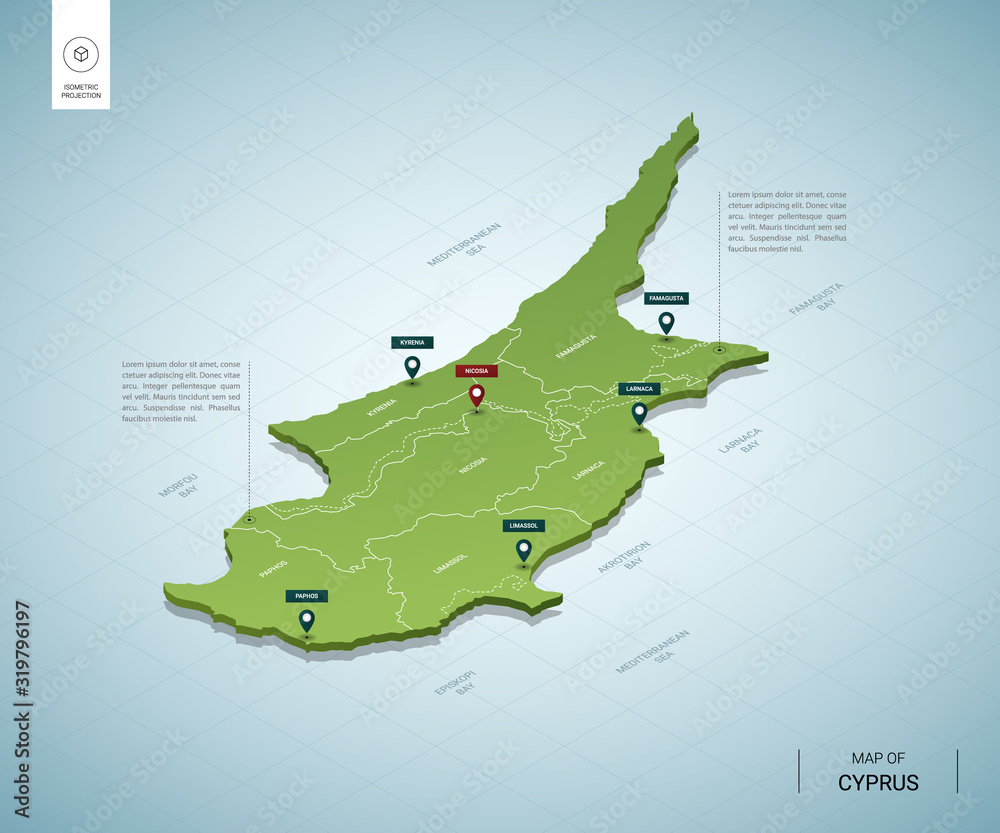 Stylized map of Cyprus. Isometric 3D green map with cities, borders ...