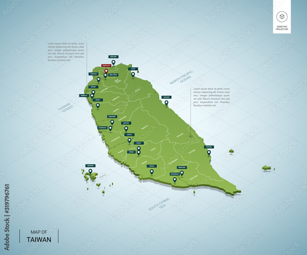 Stylized map of Taiwan. Isometric 3D green map with cities, borders ...