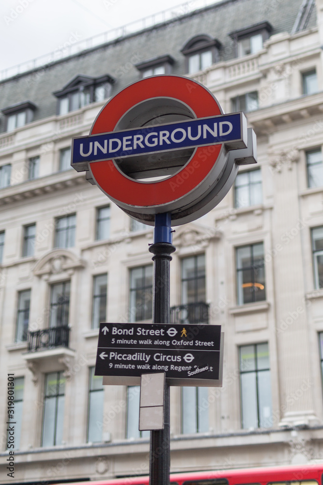 London, United Kingdom- June 2019: Red and Blue Underground Symbol in ...