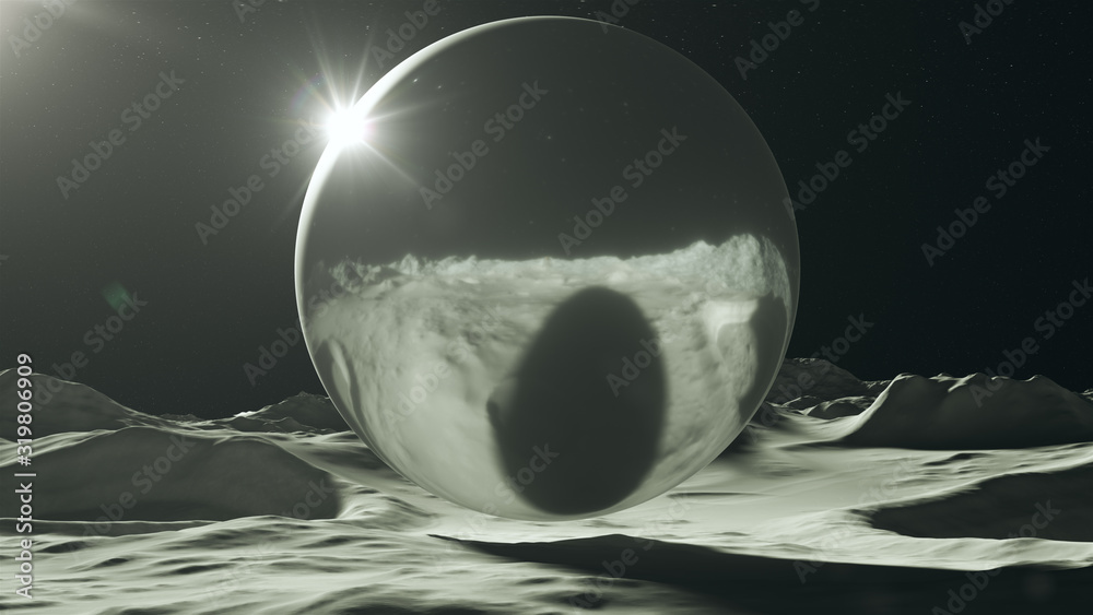 Moon Moonscape with a Big Floating Silver Alien Sphere with Sun Lens ...