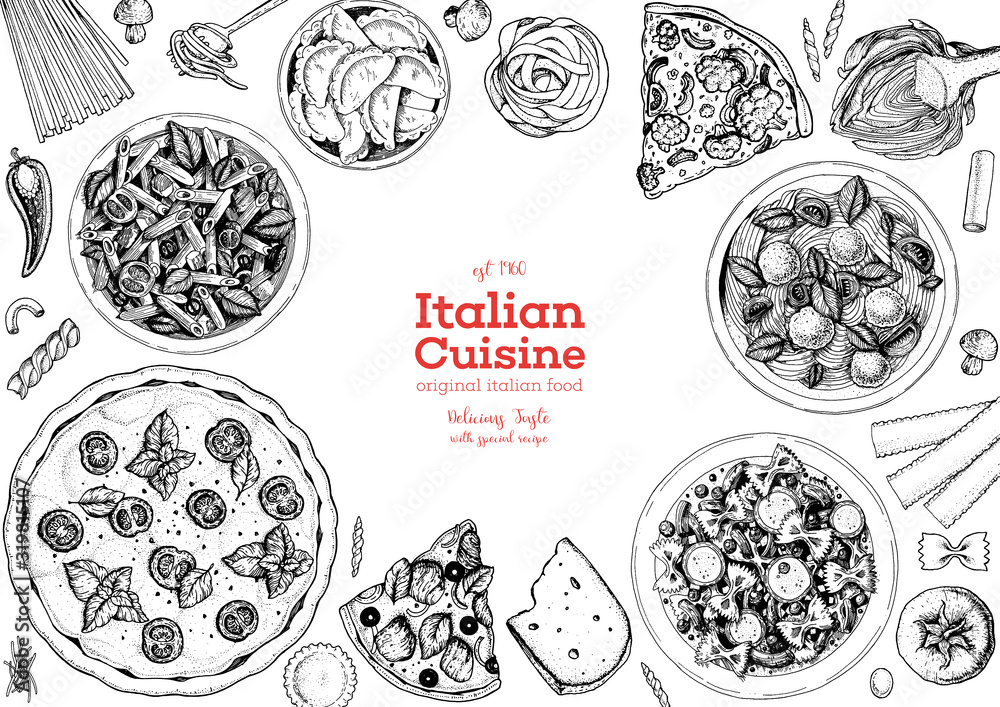 Pizza, pasta and ravioli cooking and ingredients for pizza, pasta and ...