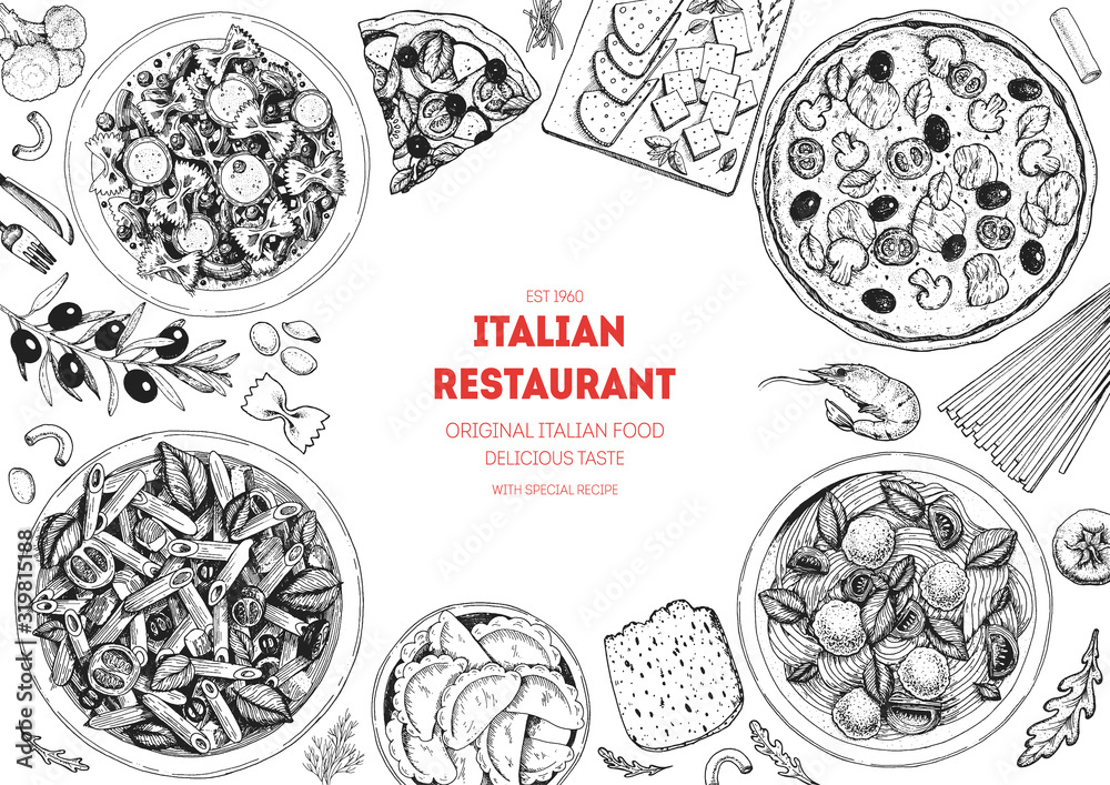 Pizza, pasta and ravioli cooking and ingredients for pizza, pasta and ...