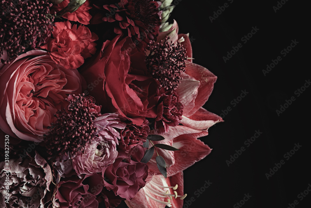 Beautiful bouquet of different flowers on black background. Floral card ...