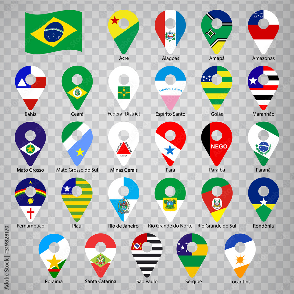 Twenty seven flags states of Brazil - alphabetical order with name. Set ...