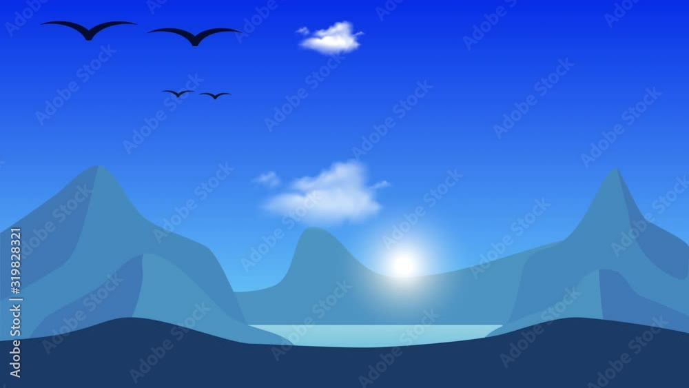 Animation moving of landscape in cartoon style. The background flies ...