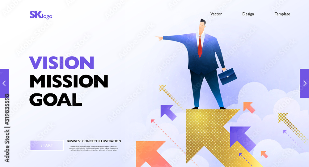 Vision concept banner. Businessman standing on the golden arrow sign ...