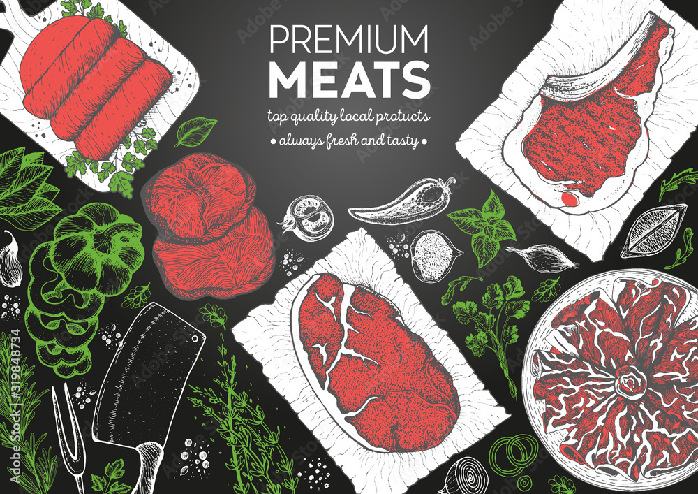 Meats and sausages top view frame. Vector illustration. Engraved design ...