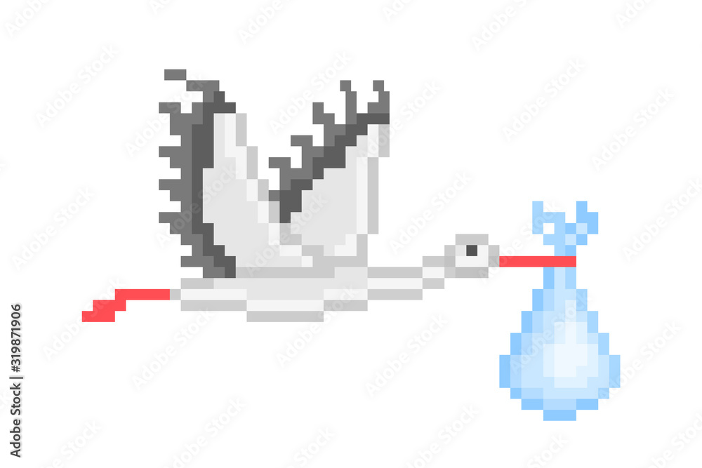 Flying stork carrying a baby, pixel art icon isolated on white ...