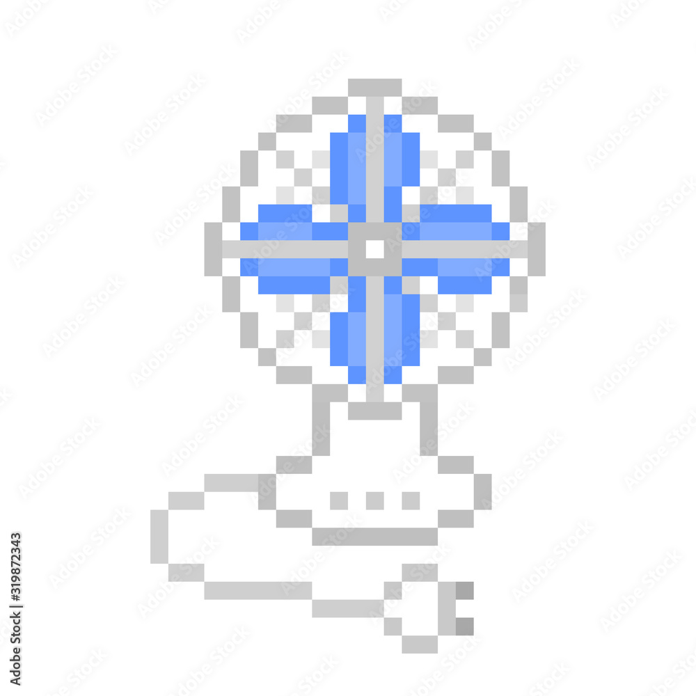 Small white and blue table fan, pixel art icon isolated on white ...