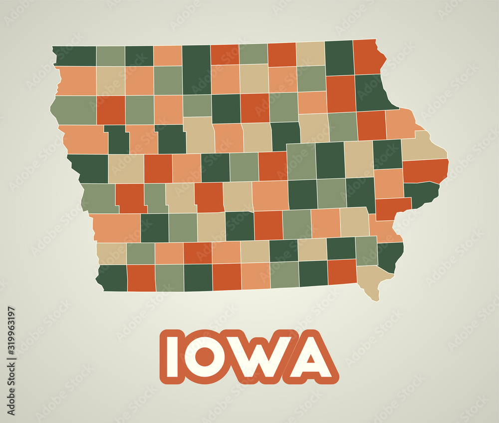 Iowa poster in retro style. Map of the us state with regions in autumn ...