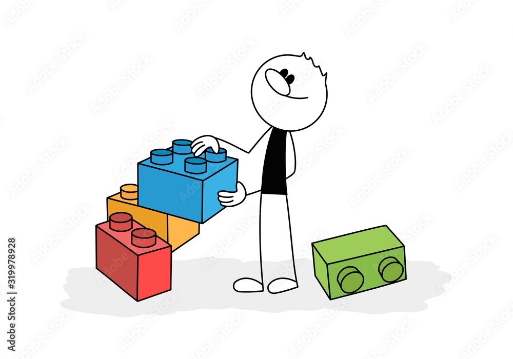 Doodle stick figure: man playing blocks. Hand drawn cartoon vector ...