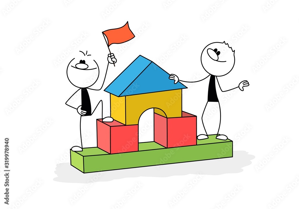 Doodle stick figure: Man with flag, colourful wooden blocks toy, house ...