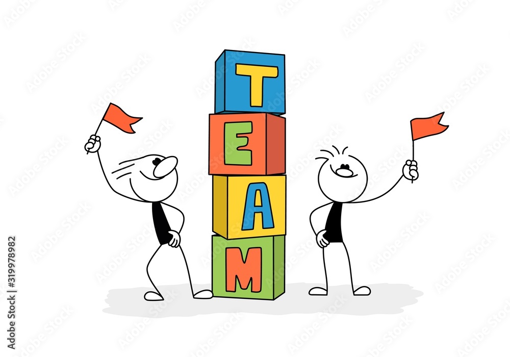 Doodle stick figure: Men with flags. Teamwork concept. Hand drawn ...