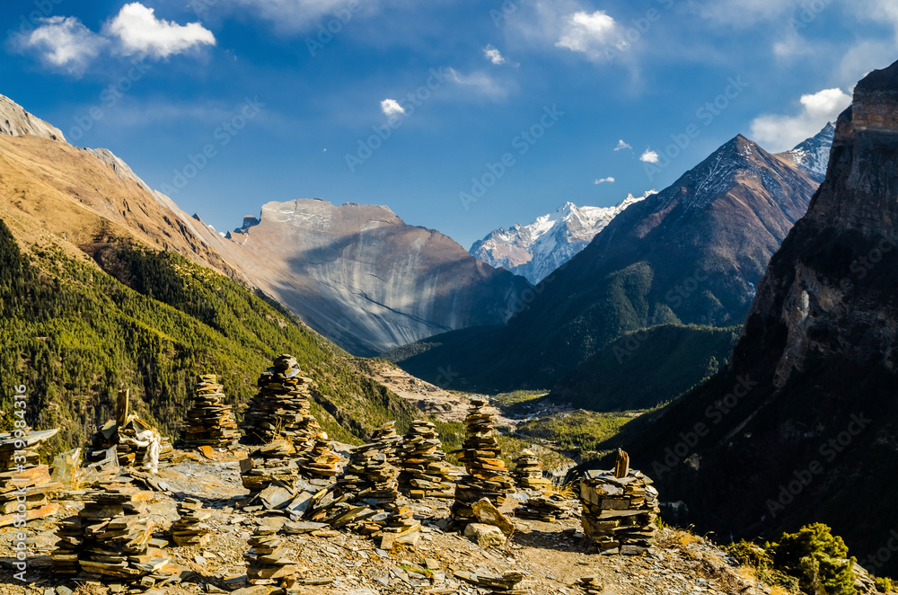Marshyangdi river valley view with the Swargadwari Danda rock ...