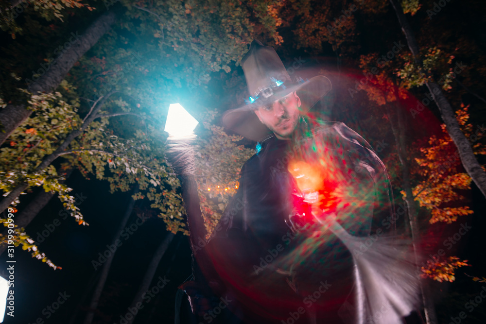 Wizard (mage) casting a spell with his magical staff while standing in ...