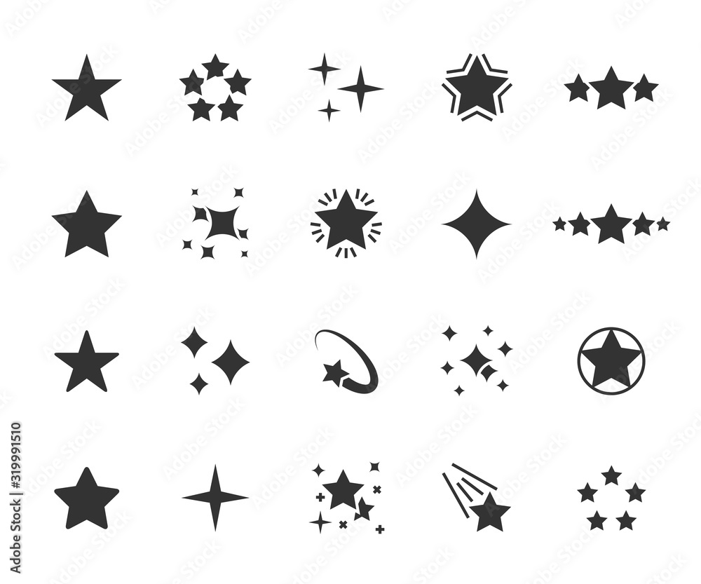 Vector set of star flat icons. Contains icons of five stars, sparkle ...