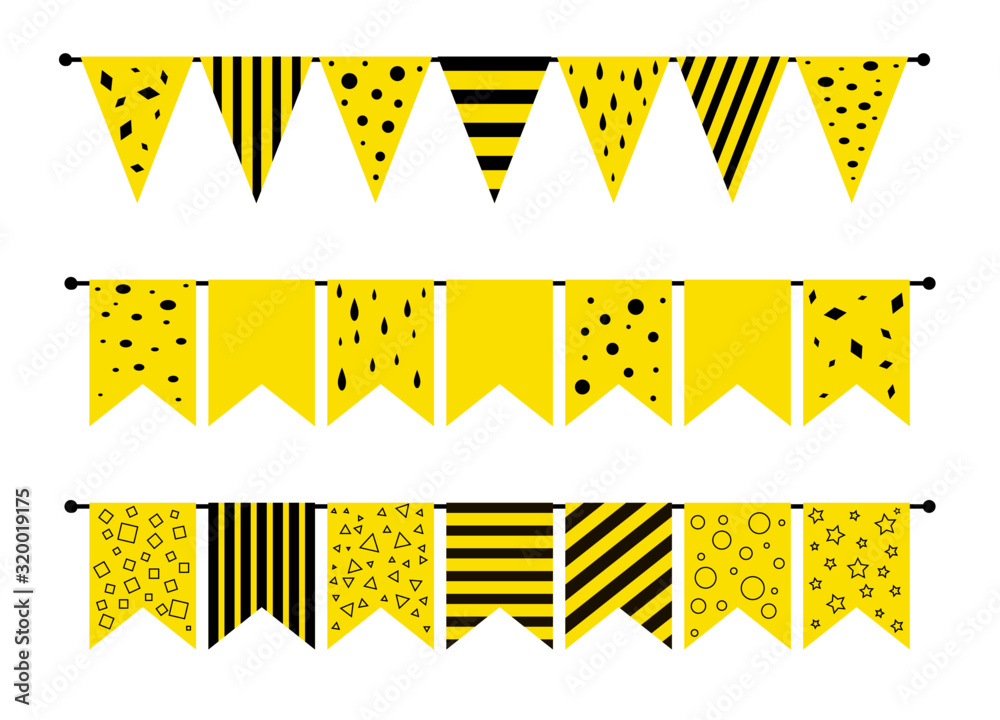 Set of yellow flags with geometric patterns for decorating the holiday ...