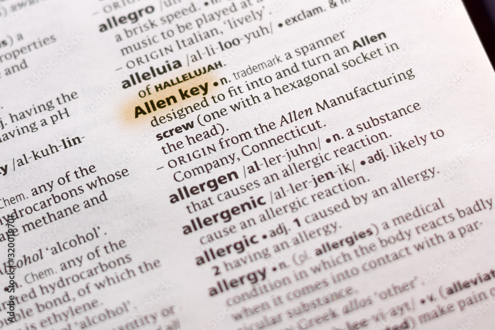 The word or phrase Allen Key in a dictionary. Stock Photo | Adobe Stock
