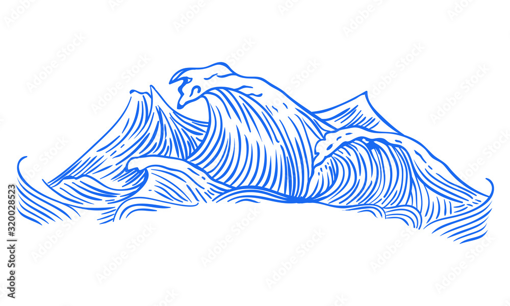 Sea waves. Vintage cartoon ocean tidal storm waves isolated on white ...
