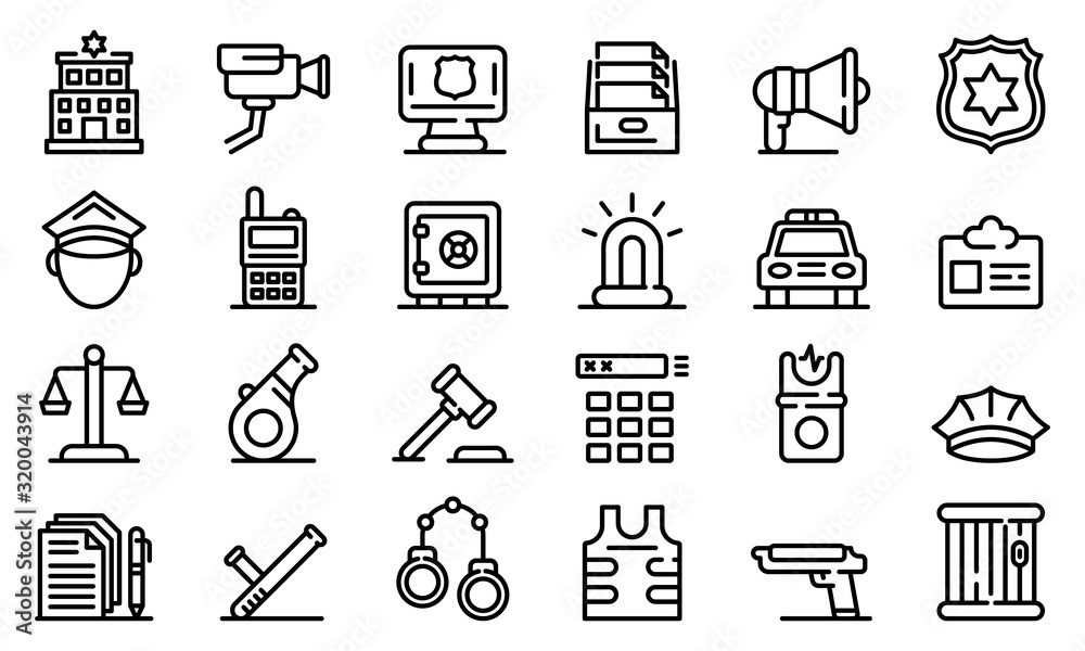 Police station icons set. Outline set of police station vector icons ...