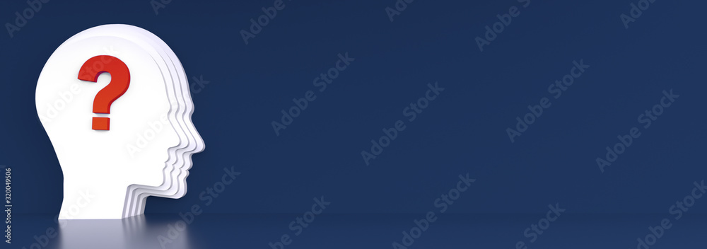 question mark in Human Head outline in front of a color wall background ...