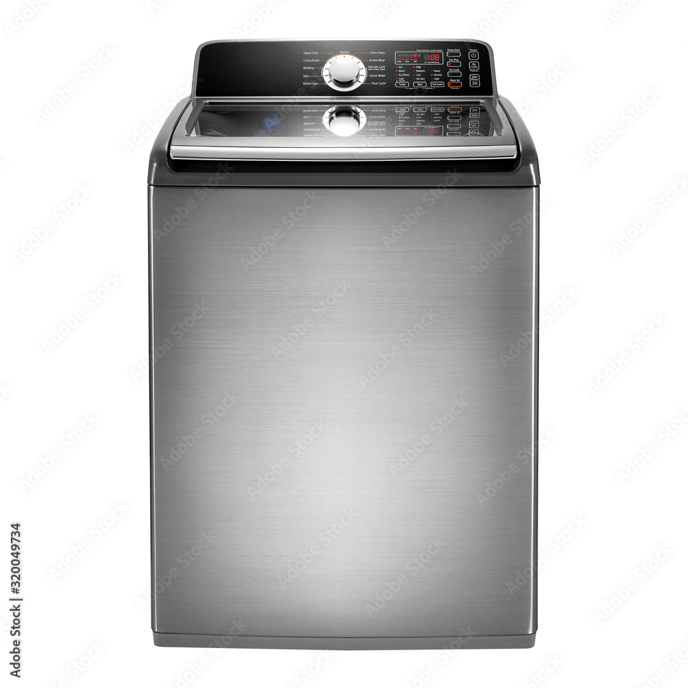 Top Load Washing Machine Isolated on White. Front View of Stainless ...