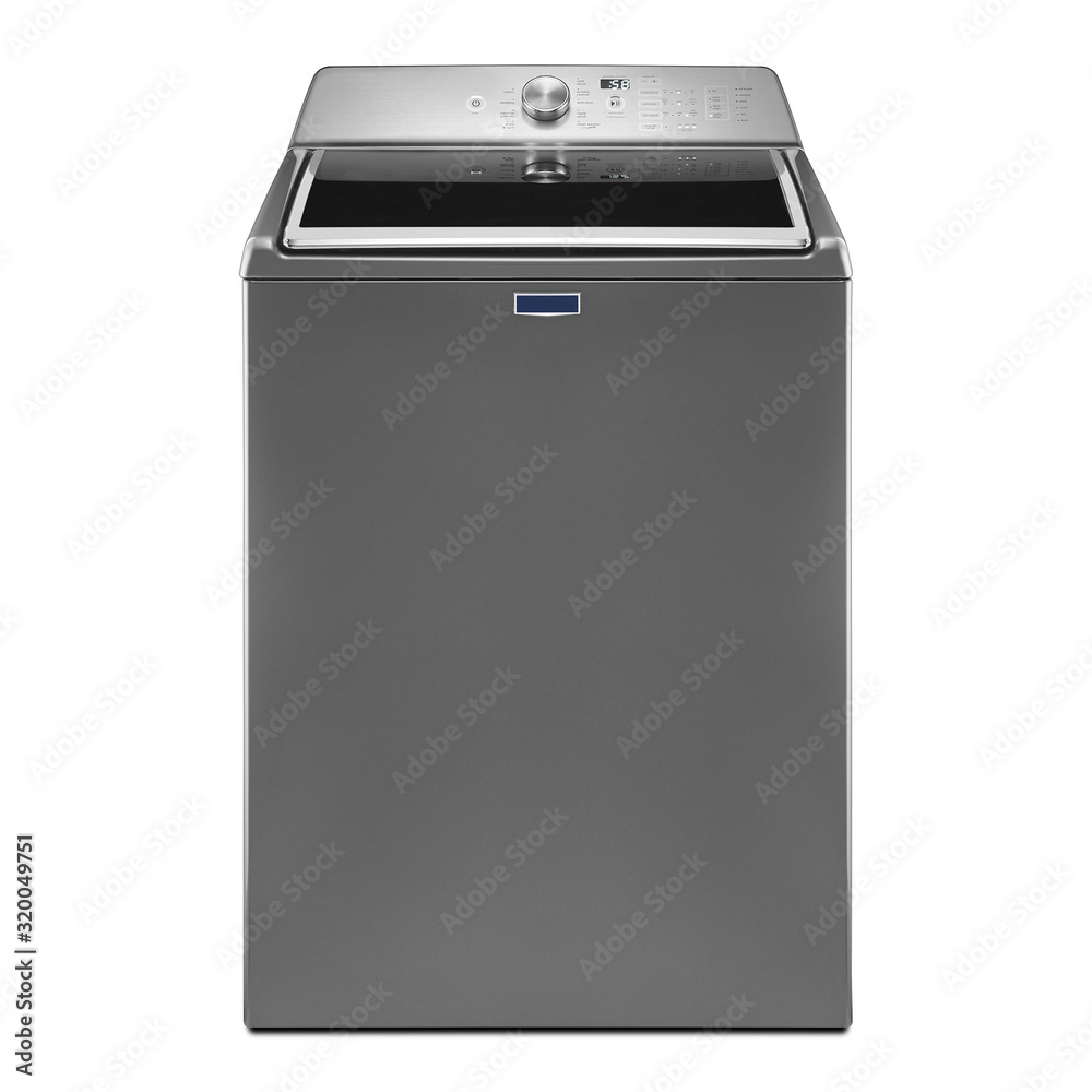 Top Load Washing Machine Isolated on White. Front View of Stainless ...