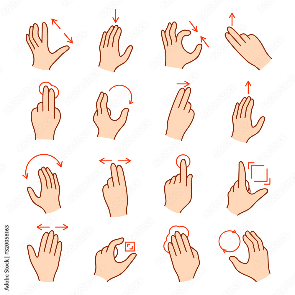 Touchscreen hand gestures and arrows indicating movement direction ...