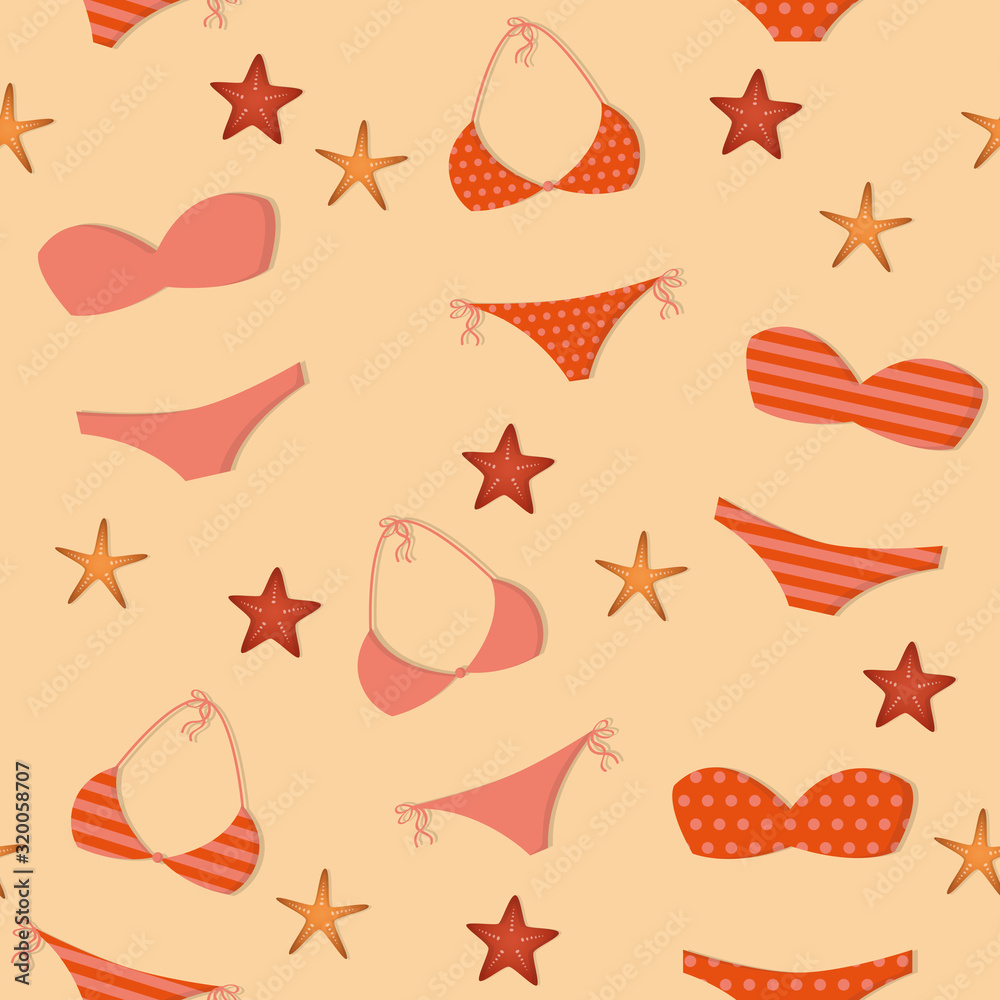 seamless pattern summer holidays design with bikinis and starfish ...