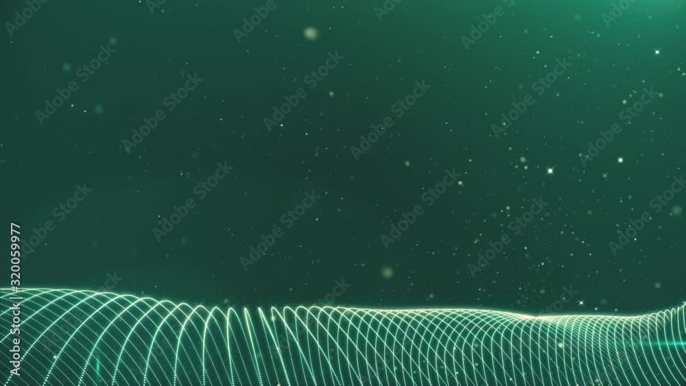Curved lines on a green background with flickering particles. 3d loop abstract glow particle ...