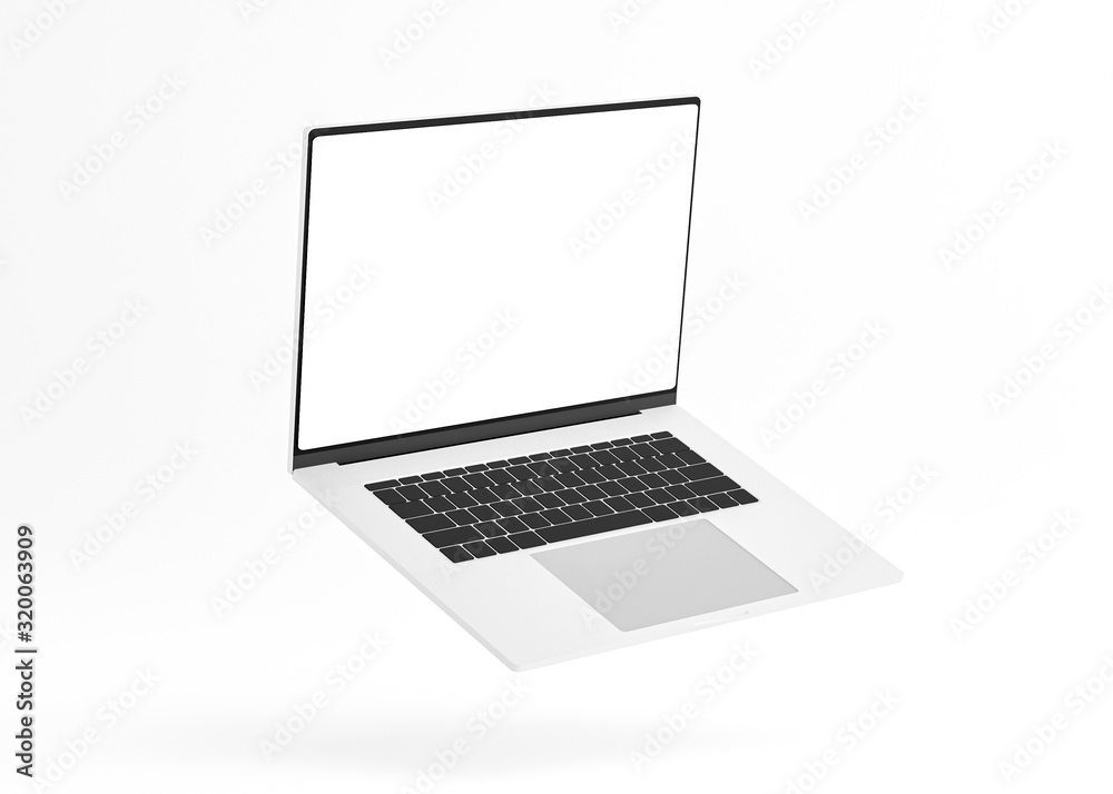 Hovering aluminium flying laptop with blank screen new design on a ...