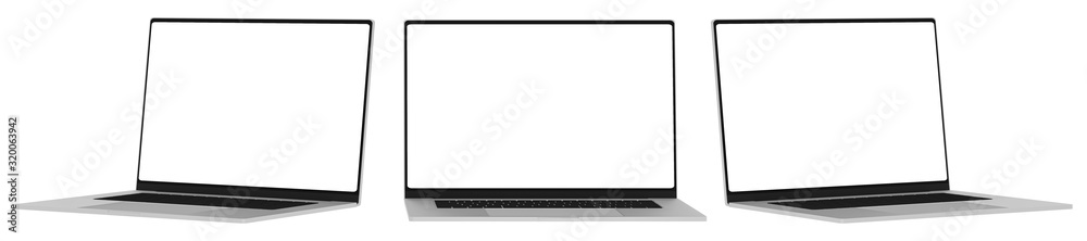 Set of hovering aluminium flying laptop with blank screen new design on ...