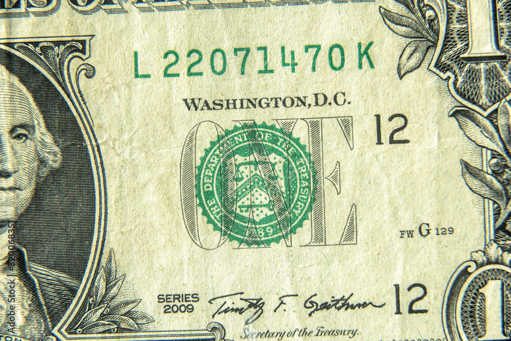 Dollar bill close up. Detail of US one dollar banknote with green seal ...
