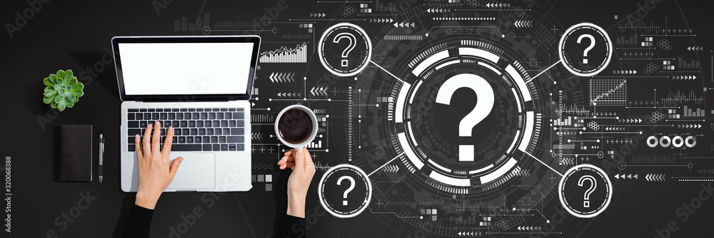 Question marks with person using a laptop computer Stock Photo | Adobe ...