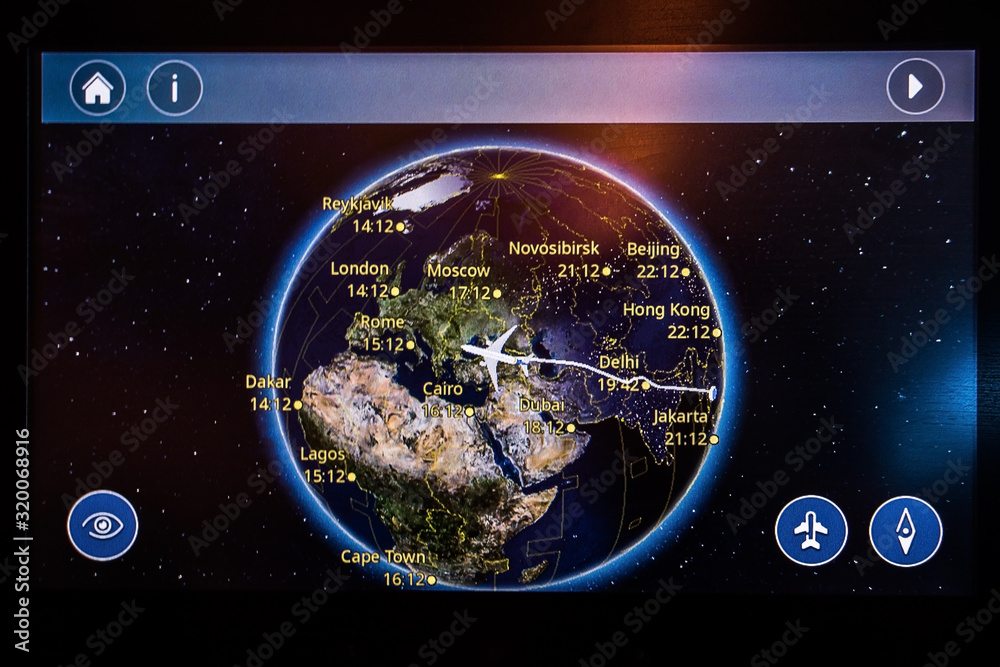 Screen with route of a flying aircraft on map and choice of icons. A ...