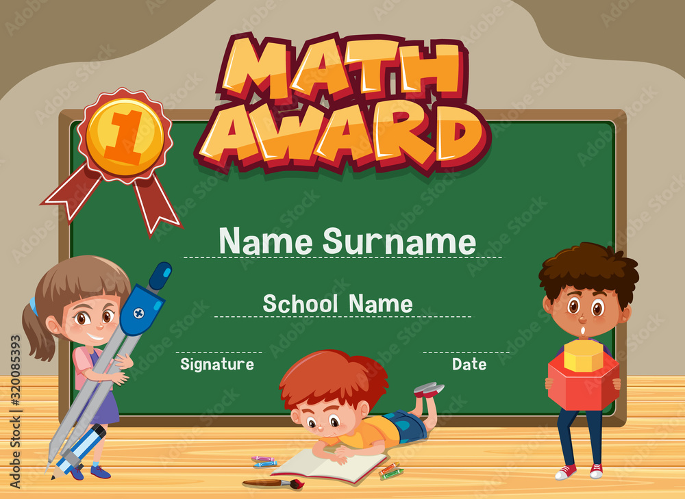 Certificate template for math award with kids in classroom background ...