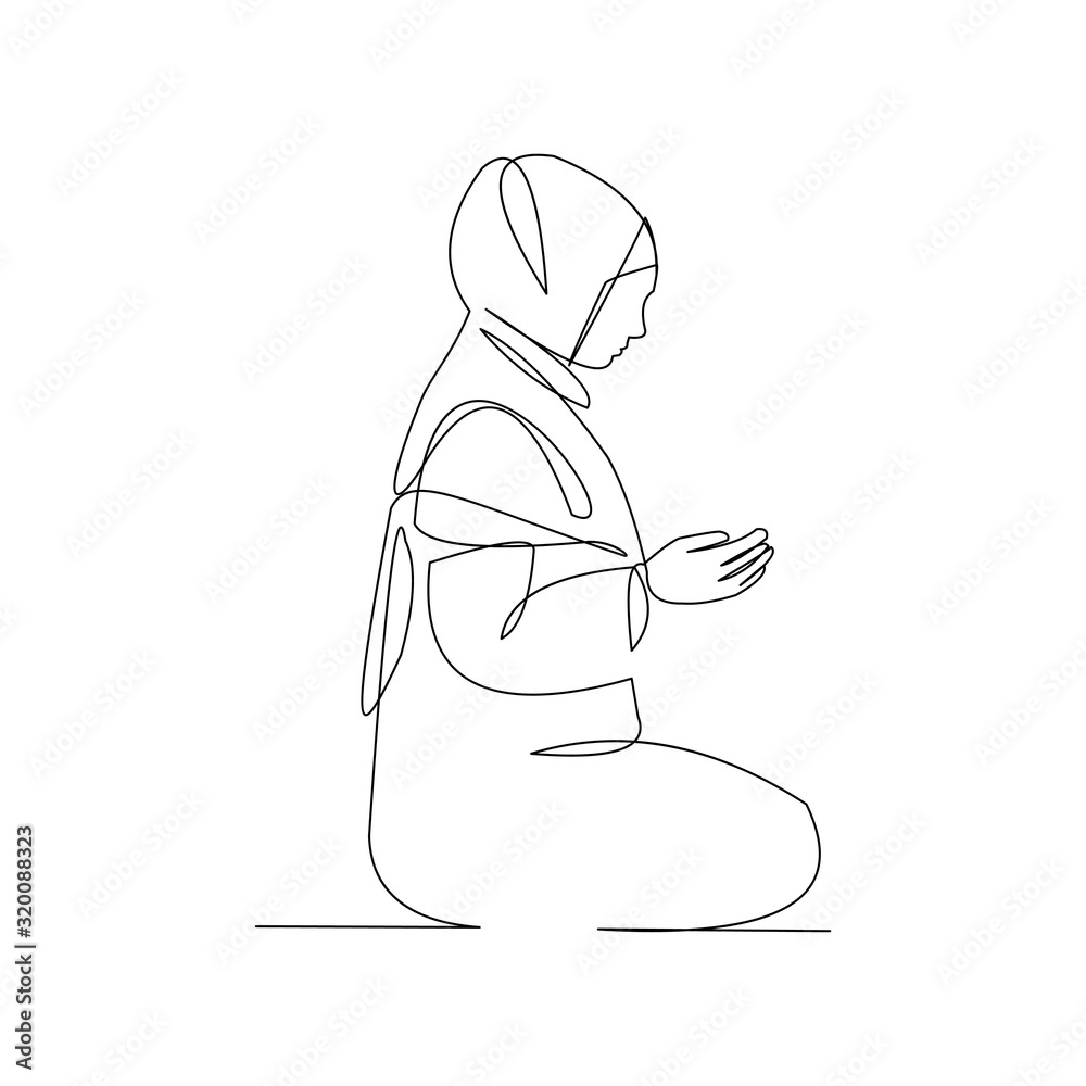 Continuous line drawing of muslim women pray and raise hand in hijab ...