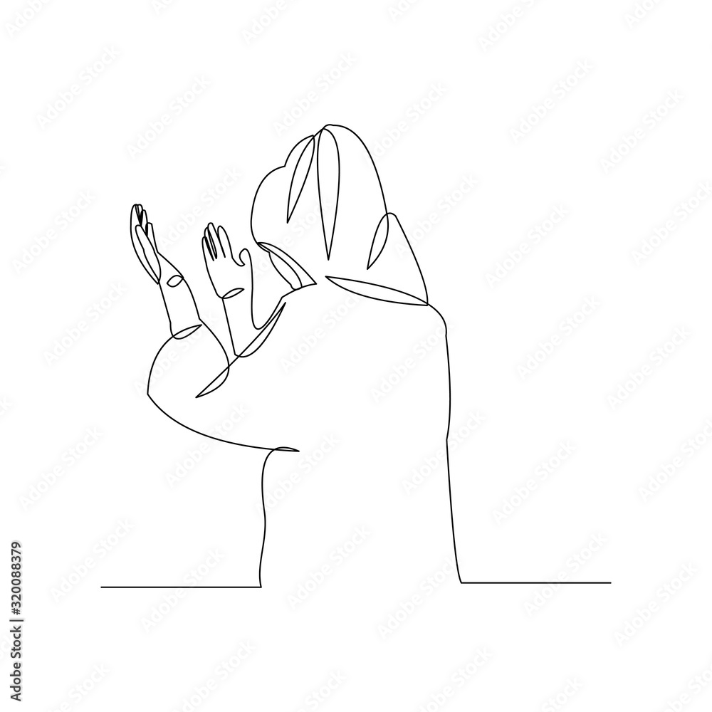 Continuous line drawing of muslim women pray and raise hand in hijab ...