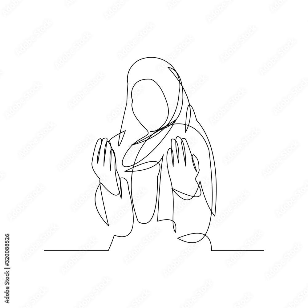 Continuous line drawing of muslim women pray and raise hand in hijab ...
