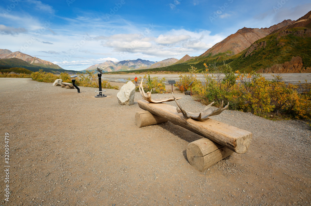 Toklat river rest stop inside Denali National Park. This panorama is ...